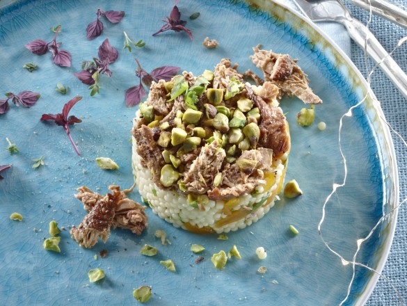 'Pulled duck' met abrikozen en pistache-crumble - Keurslager