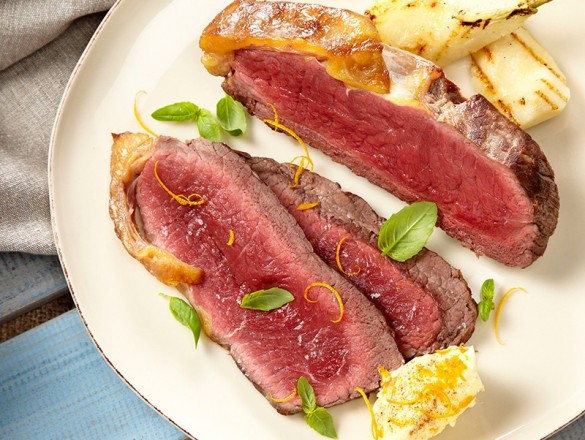 Contrafilet met sinaasappelboter en gegrilde peertjes - Keurslager