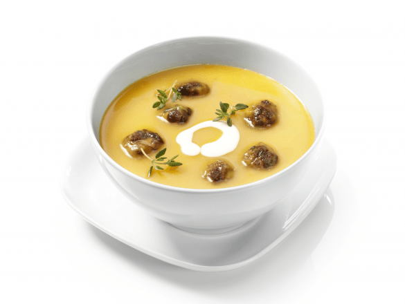 Pompoensoep met yoghurt, verse tijm en lamsgehaktballetjes - Keurslager
